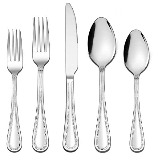 LIANYU Silverware Set for 4, 20-Piece Stainless Steel Flatware Set, Fancy Cutlery Eating Utensils with Pearled Edge, Home Kitchen Restaurant Tableware Include Knives Spoons Forks, Dishwasher Safe