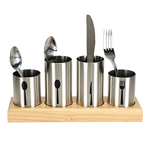 ZOOFOX 4 Pack Silverware Holder, Stainless Steel Utensil Organizer with Bamboo Base for Forks, Knives and Spoons, Perfect for Kitchen Table, Cabinet, Pantry ( Nature )