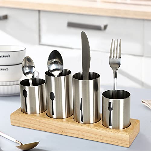 ZOOFOX 4 Pack Silverware Holder, Stainless Steel Utensil Organizer with Bamboo Base for Forks, Knives and Spoons, Perfect for Kitchen Table, Cabinet, Pantry ( Nature )