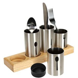 ZOOFOX 4 Pack Silverware Holder, Stainless Steel Utensil Organizer with Bamboo Base for Forks, Knives and Spoons, Perfect for Kitchen Table, Cabinet, Pantry ( Nature )