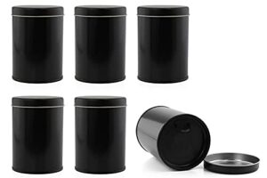 double seal tea canisters (6-pack); black metal round tea tins w/ interior molded plastic seal