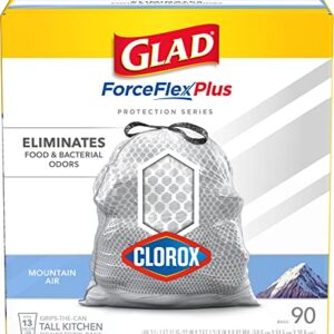 GLAD ForceFlexPlus Tall Kitchen Drawstring Trash Bags with Clorox, 13 Gallon White Trash Bag for Kitchen, Mountain Air Scent, 90 Count