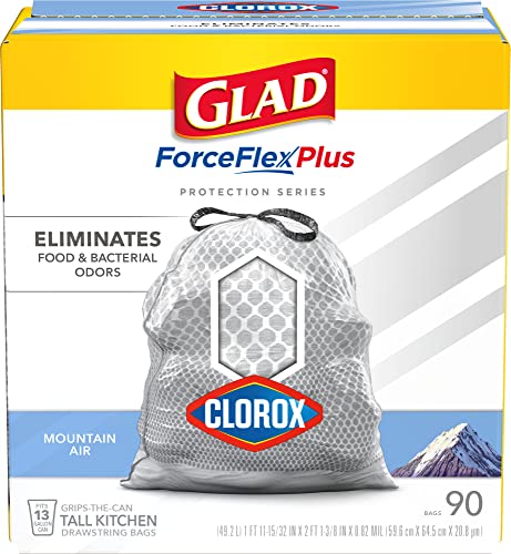 GLAD ForceFlexPlus Tall Kitchen Drawstring Trash Bags with Clorox, 13 Gallon White Trash Bag for Kitchen, Mountain Air Scent, 90 Count