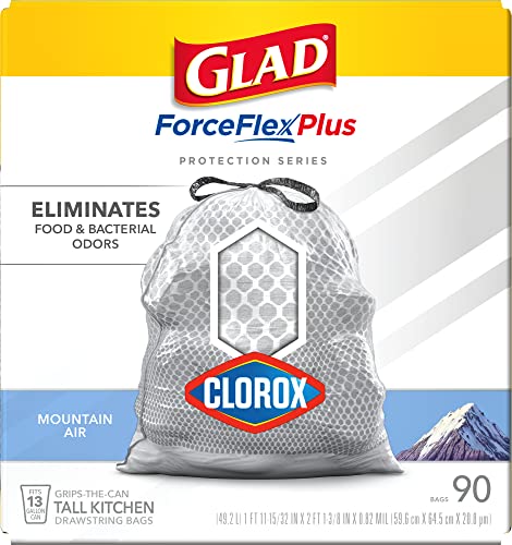 GLAD ForceFlexPlus Tall Kitchen Drawstring Trash Bags with Clorox, 13 Gallon White Trash Bag for Kitchen, Mountain Air Scent, 90 Count