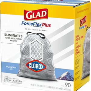 GLAD ForceFlexPlus Tall Kitchen Drawstring Trash Bags with Clorox, 13 Gallon White Trash Bag for Kitchen, Mountain Air Scent, 90 Count