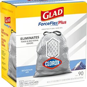 GLAD ForceFlexPlus Tall Kitchen Drawstring Trash Bags with Clorox, 13 Gallon White Trash Bag for Kitchen, Mountain Air Scent, 90 Count