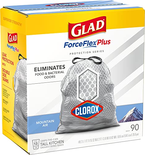 GLAD ForceFlexPlus Tall Kitchen Drawstring Trash Bags with Clorox, 13 Gallon White Trash Bag for Kitchen, Mountain Air Scent, 90 Count