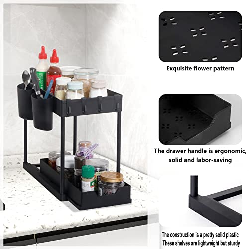 Bathroom Under Sink Organizers Storage - Kitchen Under Sink Organizer Under Sink Shelves Under Sink Cabinet Organizer Stackable Undersink Storage Under Counter Storage Organizer with Hook, Hanging Cup