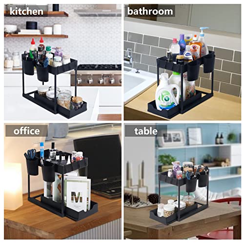 Bathroom Under Sink Organizers Storage - Kitchen Under Sink Organizer Under Sink Shelves Under Sink Cabinet Organizer Stackable Undersink Storage Under Counter Storage Organizer with Hook, Hanging Cup