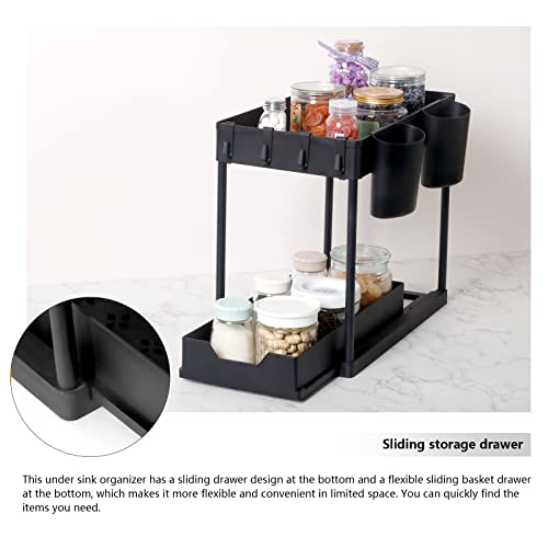 Bathroom Under Sink Organizers Storage - Kitchen Under Sink Organizer Under Sink Shelves Under Sink Cabinet Organizer Stackable Undersink Storage Under Counter Storage Organizer with Hook, Hanging Cup