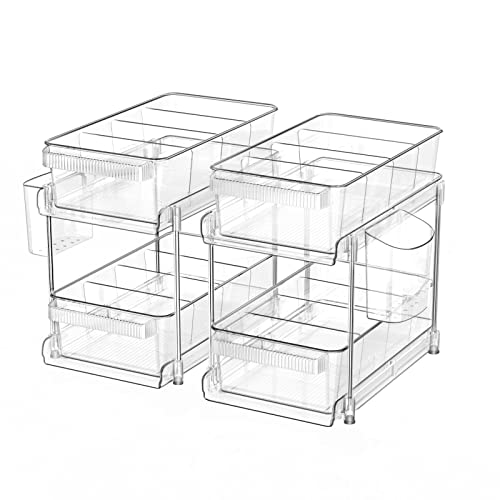 2 Tier Clear Organizer with Dividers, Multi-Purpose Pull Out Storage Container with Hanging Cups, Clear Under Sink Organizers, Bathroom Kitchen Pantry Storage, Medicine Cabinet Organizer(2 SET)