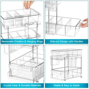 2 Tier Clear Organizer with Dividers, Multi-Purpose Pull Out Storage Container with Hanging Cups, Clear Under Sink Organizers, Bathroom Kitchen Pantry Storage, Medicine Cabinet Organizer(2 SET)