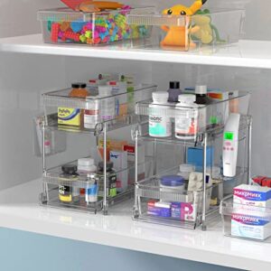 2 Tier Clear Organizer with Dividers, Multi-Purpose Pull Out Storage Container with Hanging Cups, Clear Under Sink Organizers, Bathroom Kitchen Pantry Storage, Medicine Cabinet Organizer(2 SET)