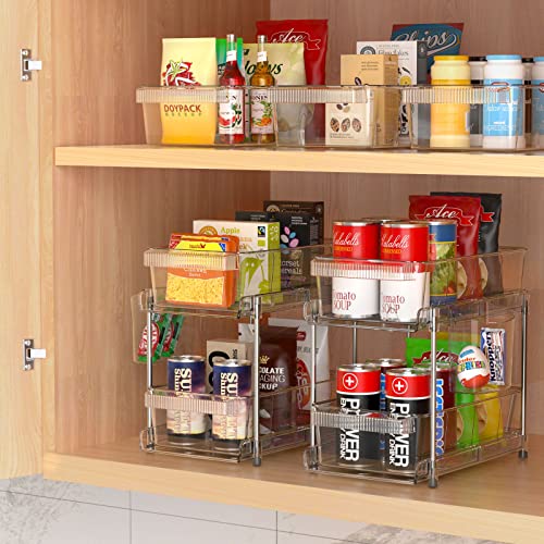 2 Tier Clear Organizer with Dividers, Multi-Purpose Pull Out Storage Container with Hanging Cups, Clear Under Sink Organizers, Bathroom Kitchen Pantry Storage, Medicine Cabinet Organizer(2 SET)