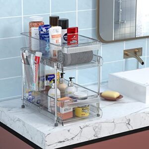 2 Tier Clear Organizer with Dividers, Multi-Purpose Pull Out Storage Container with Hanging Cups, Clear Under Sink Organizers, Bathroom Kitchen Pantry Storage, Medicine Cabinet Organizer(2 SET)