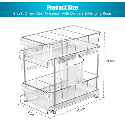 2 Tier Clear Organizer with Dividers, Multi-Purpose Pull Out Storage Container with Hanging Cups, Clear Under Sink Organizers, Bathroom Kitchen Pantry Storage, Medicine Cabinet Organizer(2 SET)