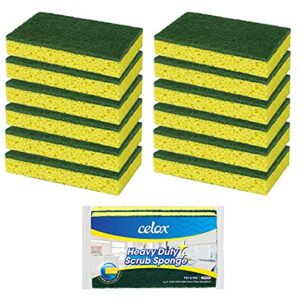 celox 12 pack dish sponge for kitchen, dual sided scrub sponge heavy duty, non scratch sponges perfect for kitchen dishwashing and household cleaning, highly absorbent and easy to dry for reuse