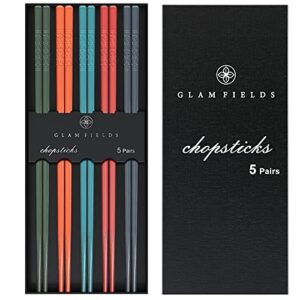 chopsticks, glamfields 5 pairs premium reusable multicolour chopsticks for sushi japanese matte anti-slip chop sticks with gift case lightweight dishwasher safe, 9.6 inch