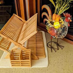 Earth's Dreams Bamboo Dish Drying Rack with Utensils Holder - 3 Tier Collapsible Wooden Dish Drainer with Microfiber Mat - Dish Organizer for Kitchen Counter - Rust Free Plate Rack