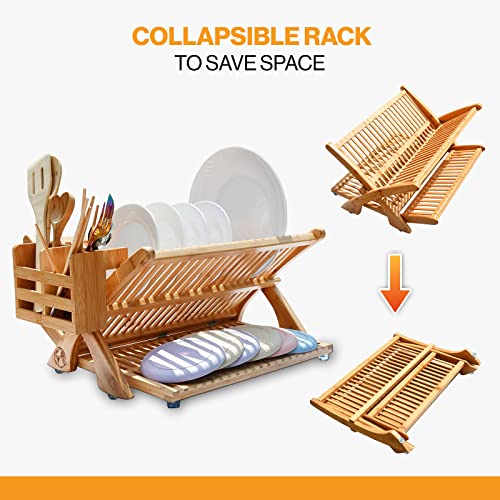 Earth's Dreams Bamboo Dish Drying Rack with Utensils Holder - 3 Tier Collapsible Wooden Dish Drainer with Microfiber Mat - Dish Organizer for Kitchen Counter - Rust Free Plate Rack