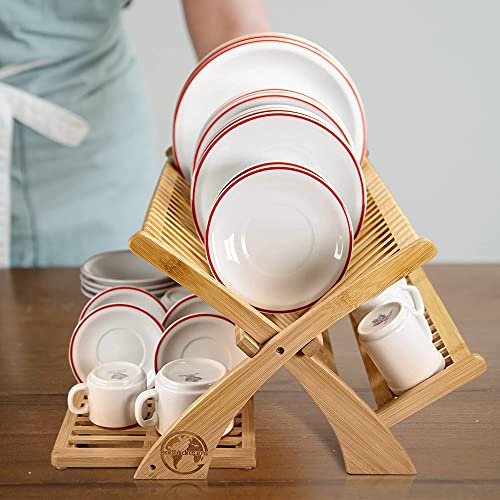 Earth's Dreams Bamboo Dish Drying Rack with Utensils Holder - 3 Tier Collapsible Wooden Dish Drainer with Microfiber Mat - Dish Organizer for Kitchen Counter - Rust Free Plate Rack