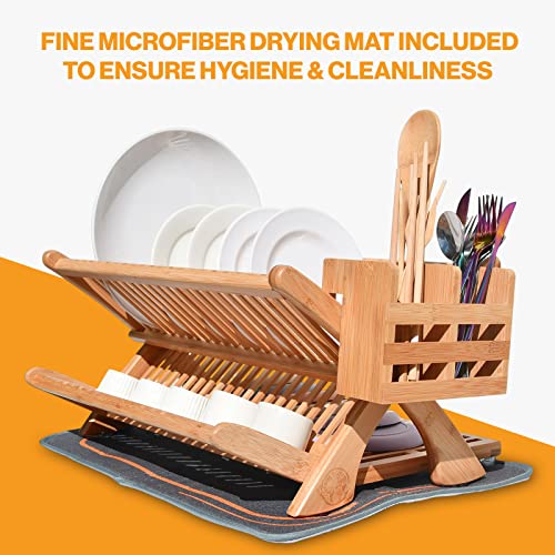 Earth's Dreams Bamboo Dish Drying Rack with Utensils Holder - 3 Tier Collapsible Wooden Dish Drainer with Microfiber Mat - Dish Organizer for Kitchen Counter - Rust Free Plate Rack