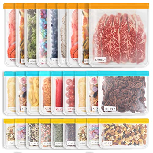 KITHELP 27 Pack Reusable Storage Bags BPA Free, Leak-proof Freezer Bags (9 Reusable Gallon Bags + 9 Reusable Sandwich Bags + 9 Reusable Snack Bags) Washable Eco-Friendly Lunch Bags