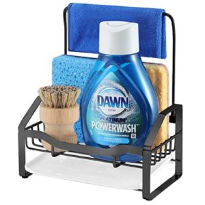 kitchen sink caddy sponge holder, stainless steel kitchen organizer soap brush dispenser with auto drain panel,countertop wall mount soap dish rack drainer rag holder (black)