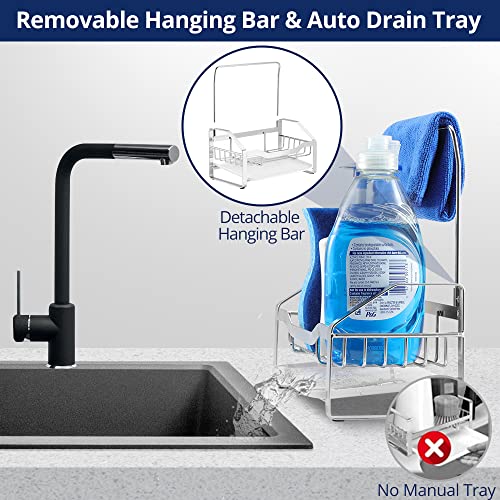 Kitchen Sink Caddy Sponge Holder, Stainless Steel Kitchen Organizer Soap Brush Dispenser with Auto Drain Panel,Countertop Wall Mount Soap Dish Rack Drainer Rag Holder (Black)