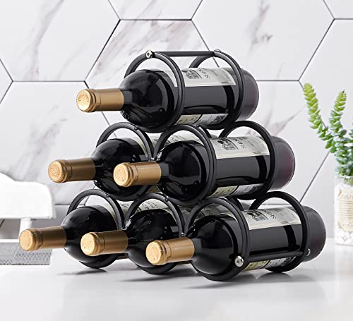 Black Modern Wire Rustic Counter Wine Rack Countertop Table,Metal Wine Rack Inserts for Cabinet Rustic 6 Bottles Wine Storage Holder