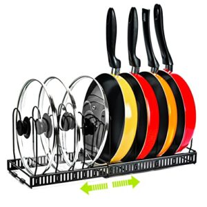 levanco 10+ expandable pan organizer rack, 10 adjustable compartments pot rack, pot lid organizer rack for kitchen cabinet pantry storage