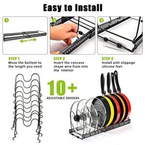 Levanco 10+ Expandable Pan Organizer Rack, 10 Adjustable Compartments Pot Rack, Pot Lid Organizer Rack for Kitchen Cabinet Pantry Storage