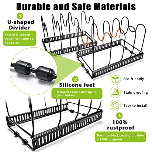 Levanco 10+ Expandable Pan Organizer Rack, 10 Adjustable Compartments Pot Rack, Pot Lid Organizer Rack for Kitchen Cabinet Pantry Storage