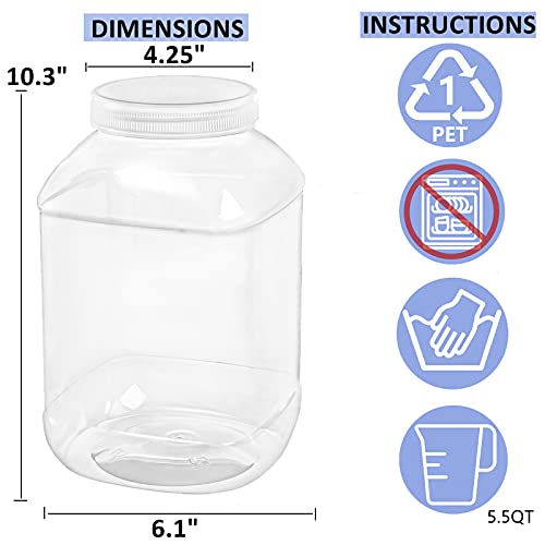 ZOOFOX 2 Pack Clear Plastic Jars, 1.5 Gallon Square Plastic Containers with Screw-On Lids, Refillable BPA Free Empty Plastic Jars for Kitchen & Household Storage of Dry Goods, Peanut, Candy and More, Airtight Food Storage