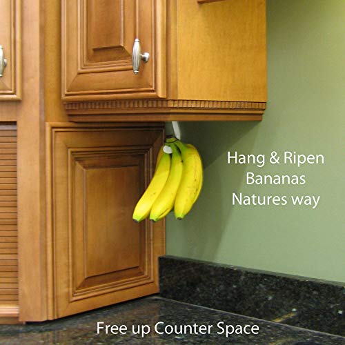 Banana Hook Hanger Under Cabinet Hook Ripens Bananas with Less Bruises, Hang Other Lightweight Kitchen Items, Folds Up Out of Sight When Not in Use, Self-Adhesive + Pre-drilled Screw Holes (Black)