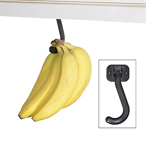 Banana Hook Hanger Under Cabinet Hook Ripens Bananas with Less Bruises, Hang Other Lightweight Kitchen Items, Folds Up Out of Sight When Not in Use, Self-Adhesive + Pre-drilled Screw Holes (Black)