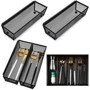 baderke 4 pack silverware drawer organizer mesh utensil for kitchen drawer, tray with interlocking arm narrow holder flatware spoon knife fork pen, 9 x 3 2 inch, black