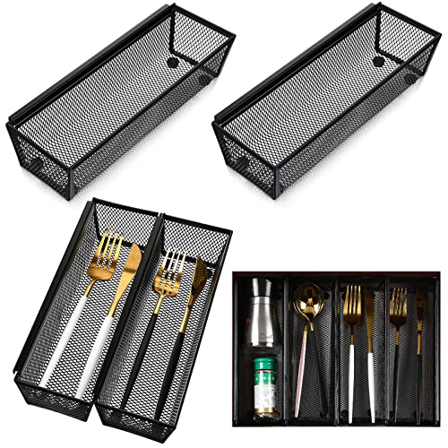 Baderke 4 Pack Silverware Drawer Organizer Mesh Utensil for Kitchen Drawer, Tray with Interlocking Arm Narrow Holder Flatware Spoon Knife Fork Pen, 9 x 3 2 Inch, Black