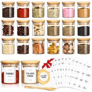 gmisun spice jars with bamboo lids, 20 pack 2.5oz glass spice containers with labels, small empty round spice bottles with airtight lids, mini clear minimalist food jars & canisters for kitchen