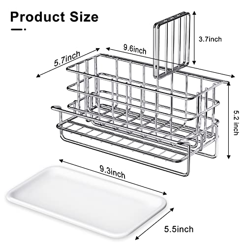 WEKEY Kitchen Sponge Holder,Sponge Holder for Kitchen Sink,Stainless Steel Kitchen Sink Caddy,Double-Use Brush Dishrag Holder Rack with Adjustable Partition Grid,Countertop Sink Caddy-Silver