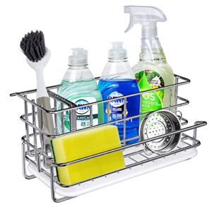 wekey kitchen sponge holder,sponge holder for kitchen sink,stainless steel kitchen sink caddy,double-use brush dishrag holder rack with adjustable partition grid,countertop sink caddy-silver