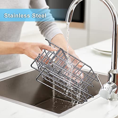 WEKEY Kitchen Sponge Holder,Sponge Holder for Kitchen Sink,Stainless Steel Kitchen Sink Caddy,Double-Use Brush Dishrag Holder Rack with Adjustable Partition Grid,Countertop Sink Caddy-Silver