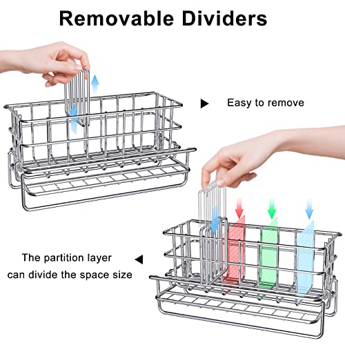 WEKEY Kitchen Sponge Holder,Sponge Holder for Kitchen Sink,Stainless Steel Kitchen Sink Caddy,Double-Use Brush Dishrag Holder Rack with Adjustable Partition Grid,Countertop Sink Caddy-Silver