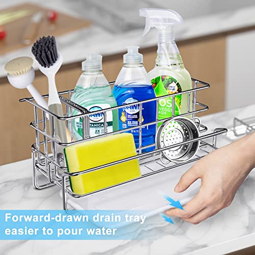 WEKEY Kitchen Sponge Holder,Sponge Holder for Kitchen Sink,Stainless Steel Kitchen Sink Caddy,Double-Use Brush Dishrag Holder Rack with Adjustable Partition Grid,Countertop Sink Caddy-Silver