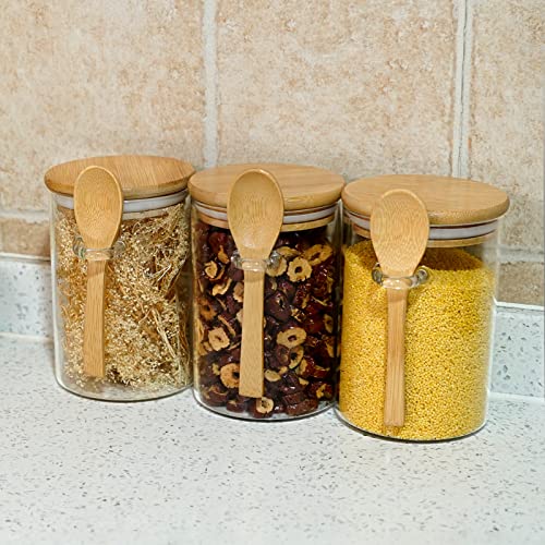 PRTBLZP 3 Sets of Glass Jars with Bamboo Lids and Bamboo Spoon, 17 Oz Borosilicate Glass Canisters for Candy, Cookies, Spices, Coffee Beans, Pasta