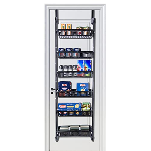 keren Over The Door Pantry Organizer - 6-Tier Home Organization Steel & Resin Construction with Sturdy Hooks Hanging, Cans, Spice, Storage, Closet, Black, 18.5x59.5