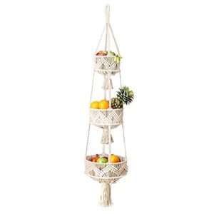 folkulture 3 tier hanging fruit basket for kitchen, macrame hanging basket for fruit and vegetable storage, boho wall baskets for organizing, boho decor for indoor plants, 46 inches long