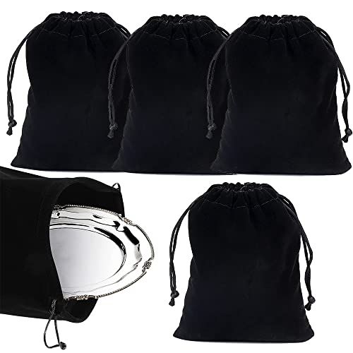 4 Pcs Luxury Anti-Tarnish Cloth Bag for Silver Storage, Jewelry, Silverplate, Protection Flatware Silverplate Tarnish Cleaning (Black, 10 x 13.78 Inch)