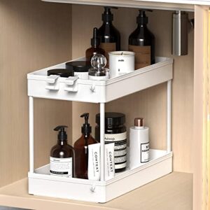 spacekeeper under sink organizer, 2 tier under sink storage organizer, bathroom standing rack, bath collection slide-out baskets with hooks, multi-purpose storage shelf for bathroom kitchen, white