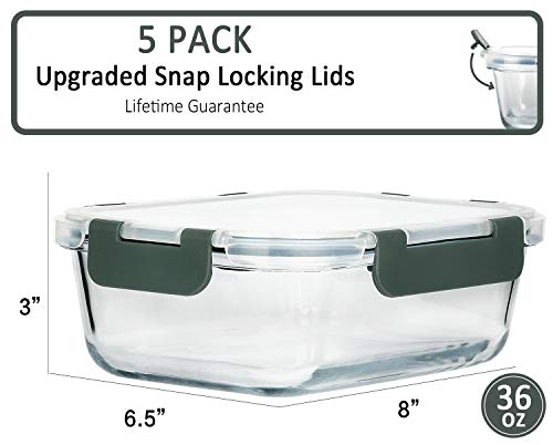 M MCIRCO [5-Packs, 36 Oz.] Glass Meal Prep Containers with Lifetime Lasting Snap Locking Lids Glass Food Containers,Airtight Lunch Container,Microwave, Oven, Freezer and Dishwasher (4.5 Cup)